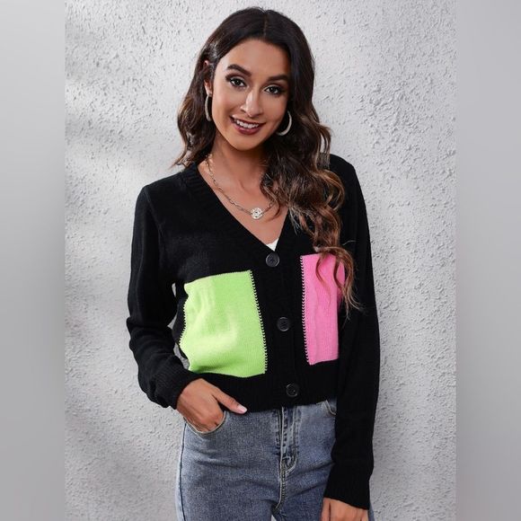 boutique | Sweaters | Blackpink Green Color Block Button Up Long Sleeve ...